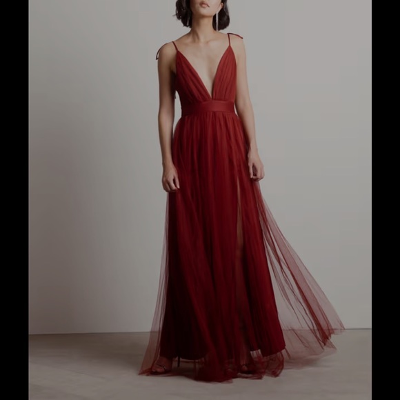 Tobi | Dresses | Tobi Burgundy Red Tulle Backless Deep V Leg Slit Maxi ...